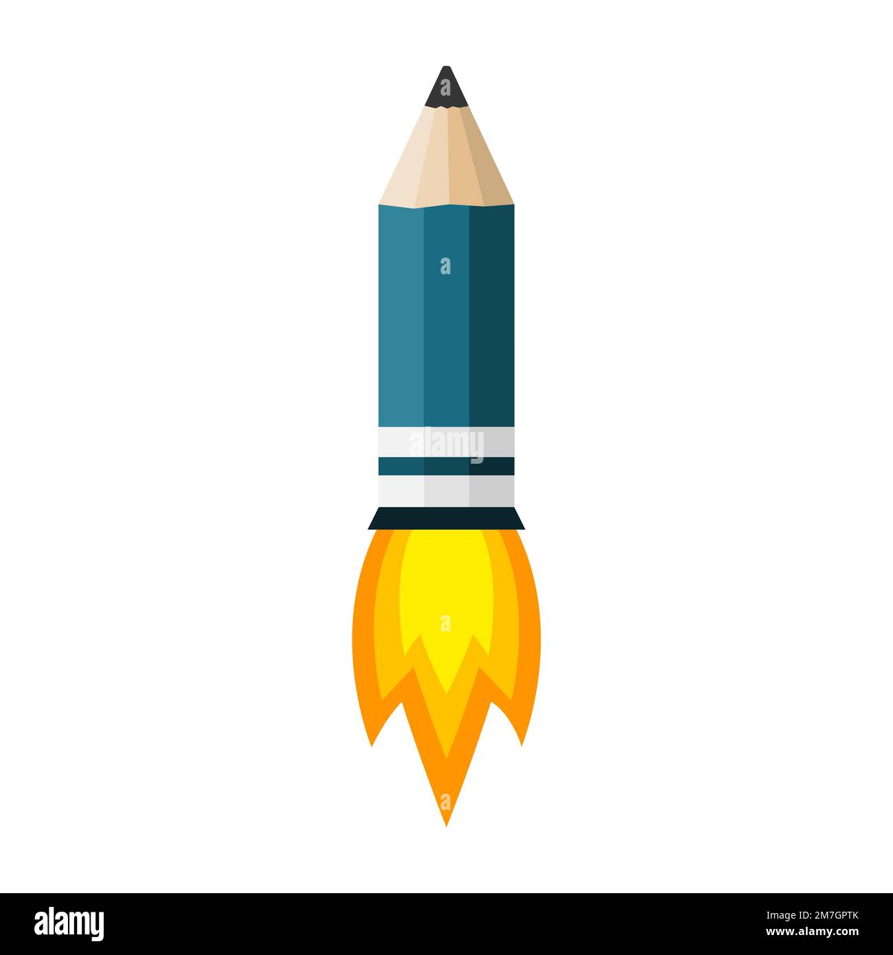 Pencil as flying rocket with fire, on white background. Vector ...
