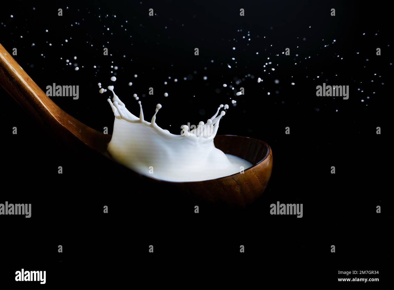 Milk splashing on a wooden ladle, with splash effect and black ...