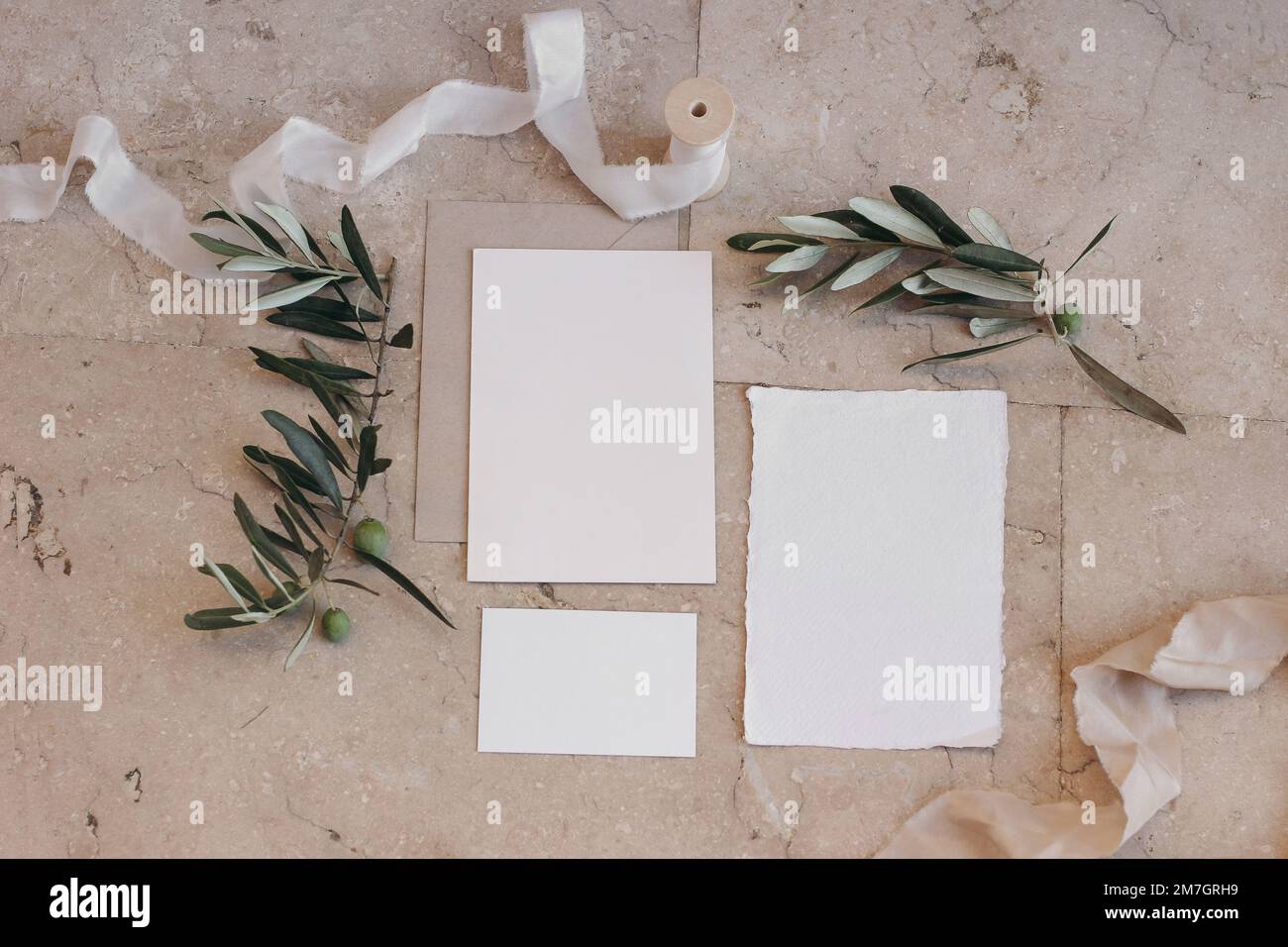 Summer wedding stationery set, suite. Italian, Greek mock-up scene with ...