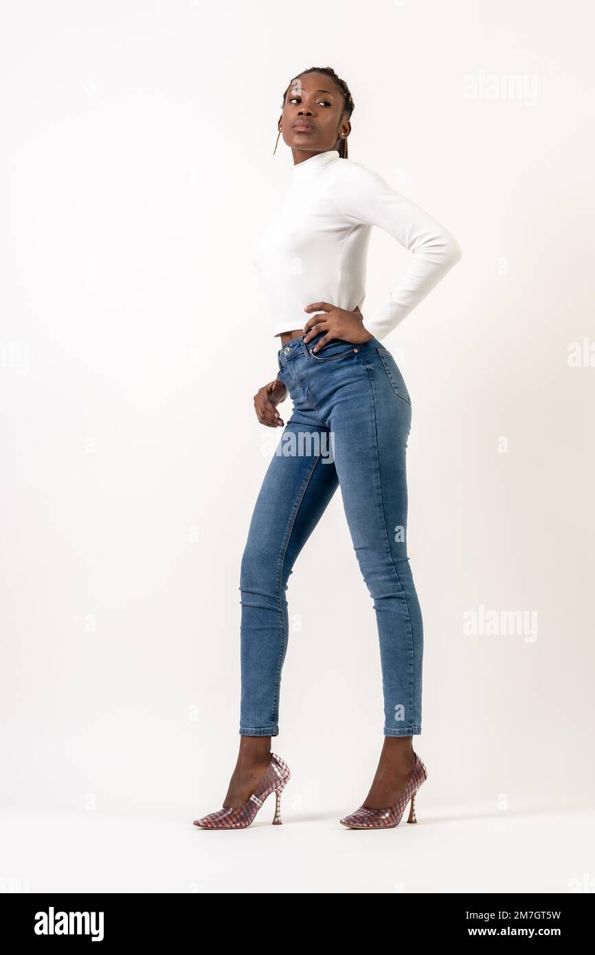 Portrait of a tall black ethnic woman with braids, studio portrait on a ...