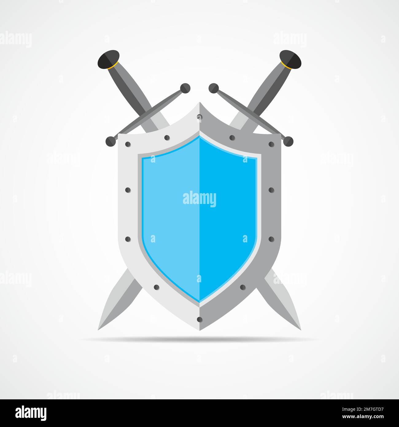 Shield and swords in flat design. Blue shield and swords icon isolated ...