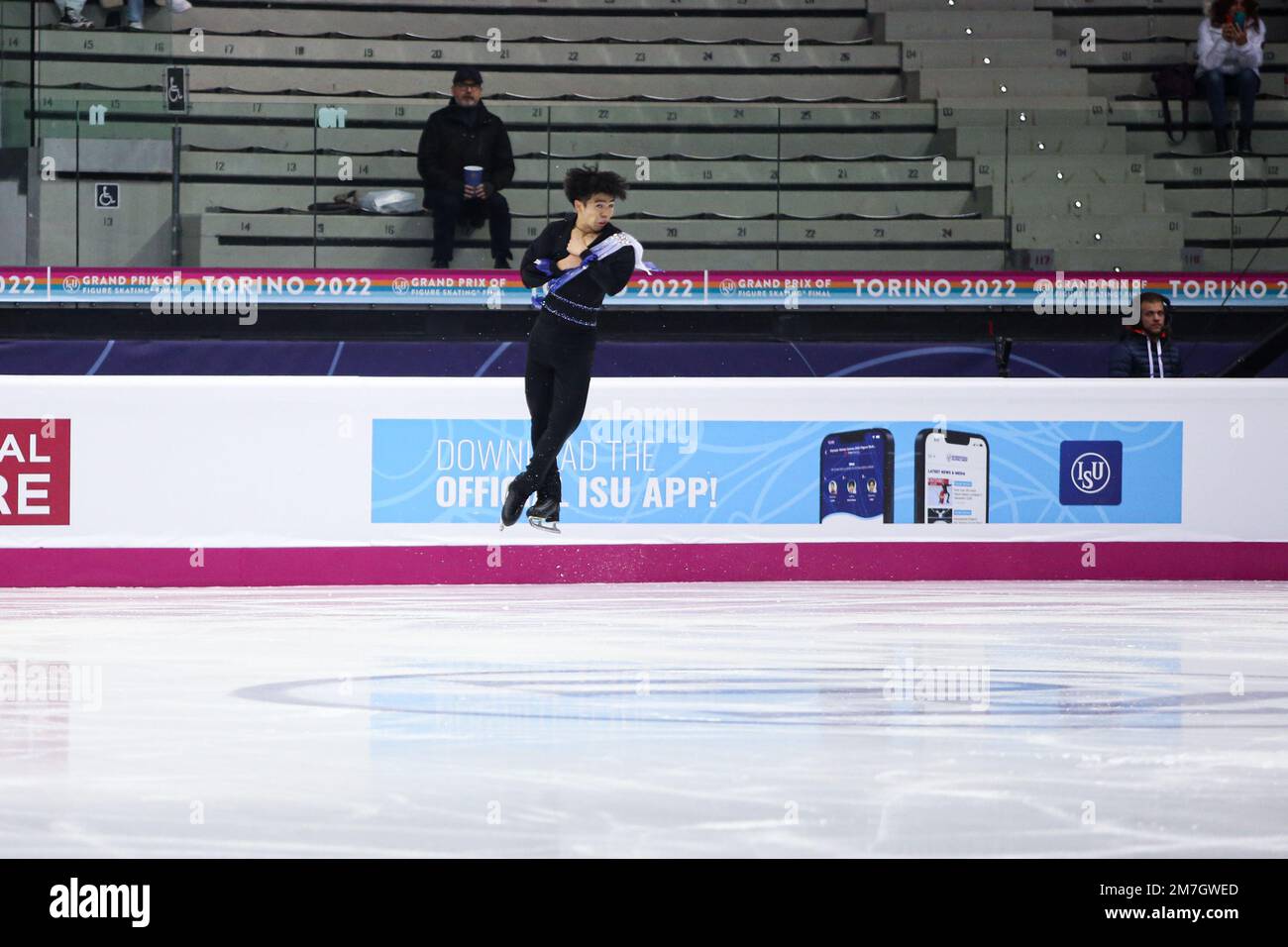 Shun Sato(JPN) performs during the MEN SHORT PROGRAM of the ISU Grand ...