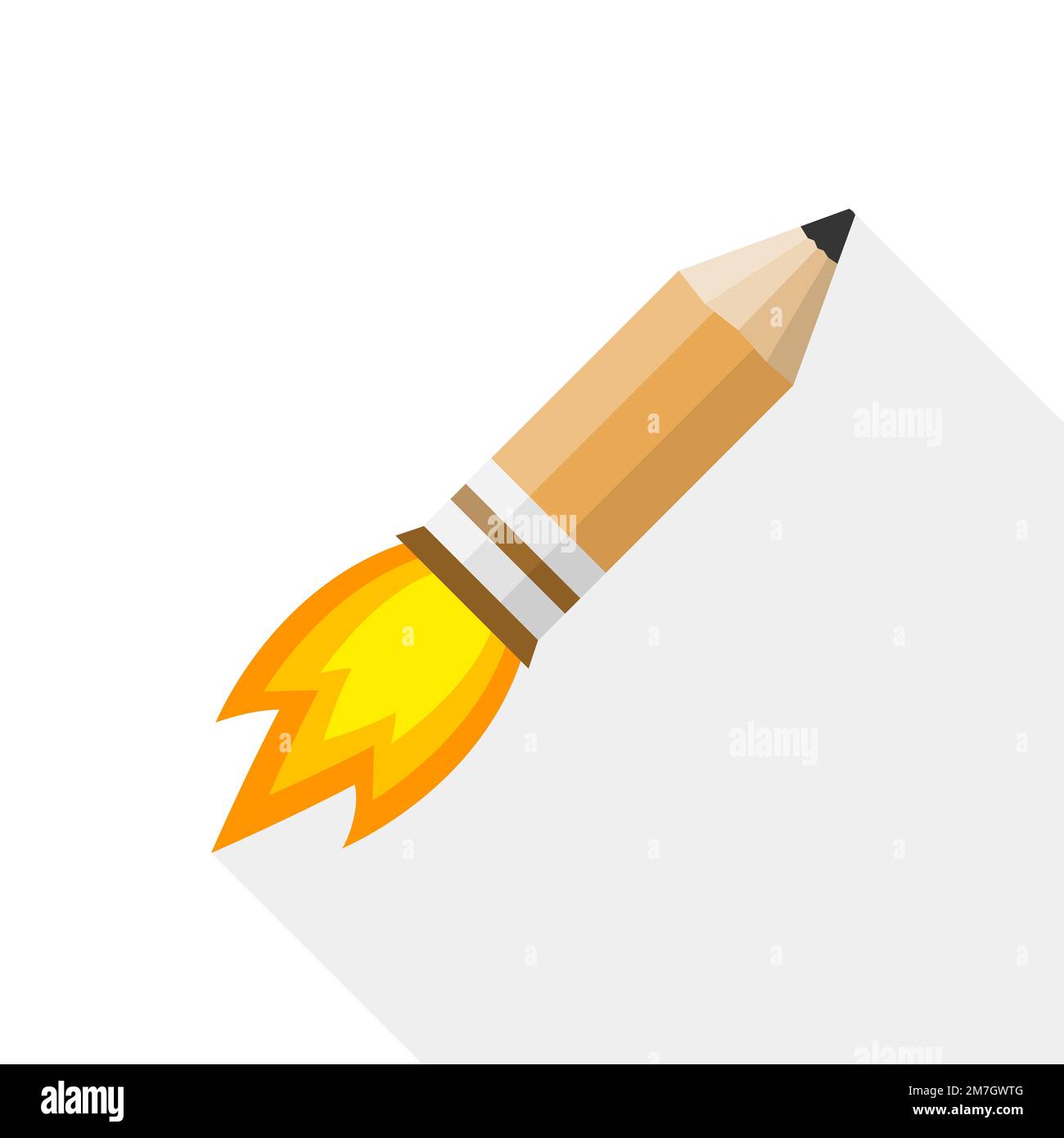 Pencil as flying rocket with fire, on white background. Vector ...