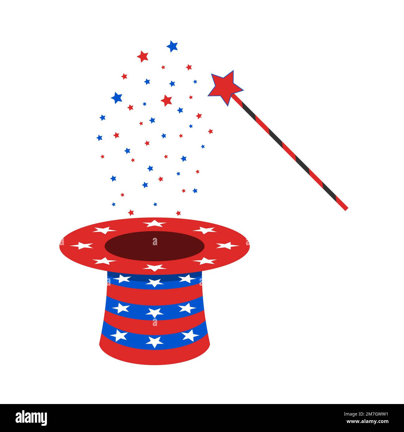 Magic hat and magic wand with flying stars. Vector illustration. Magic ...