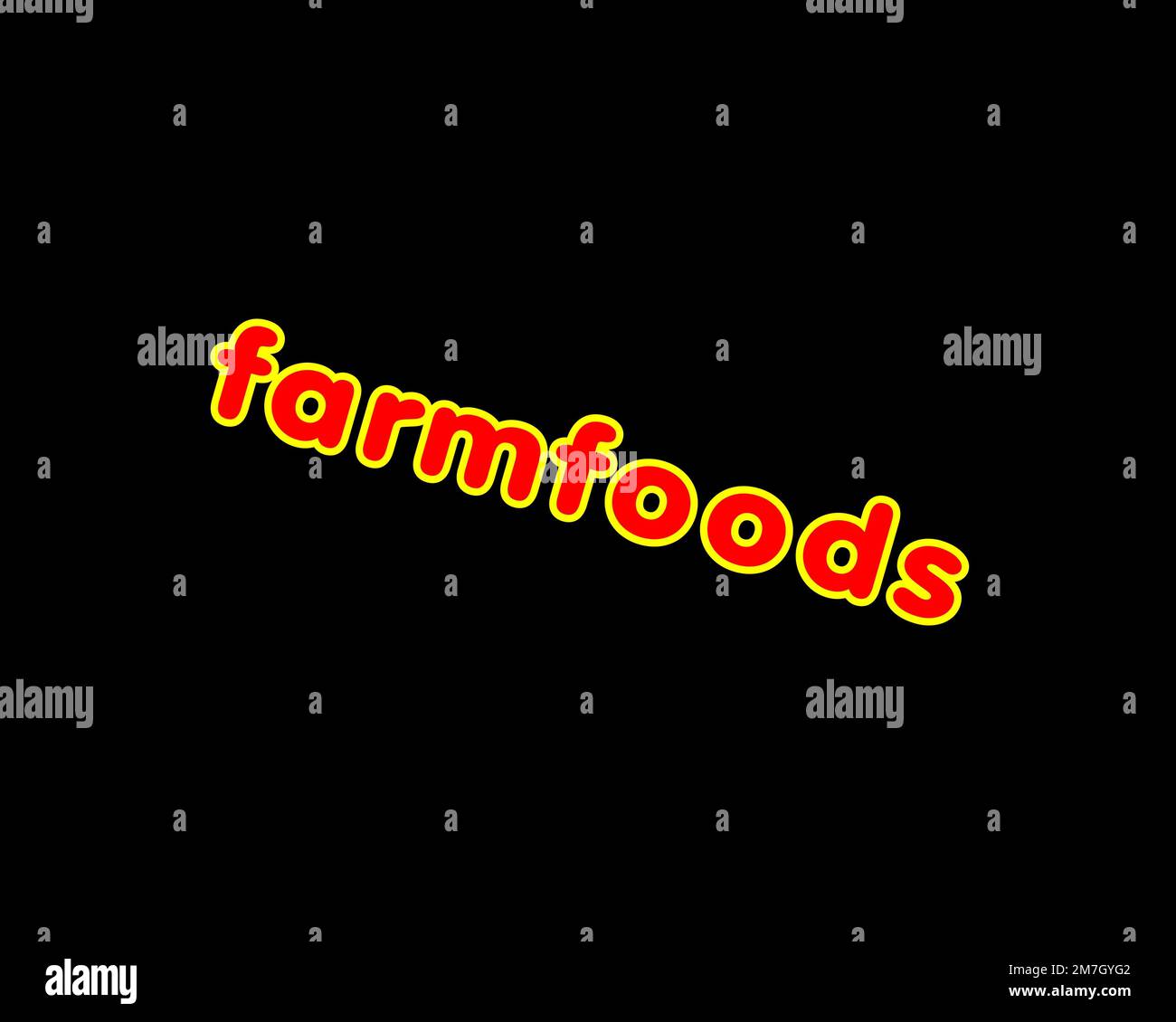 Farmfoods, rotated logo, black background B Stock Photo - Alamy