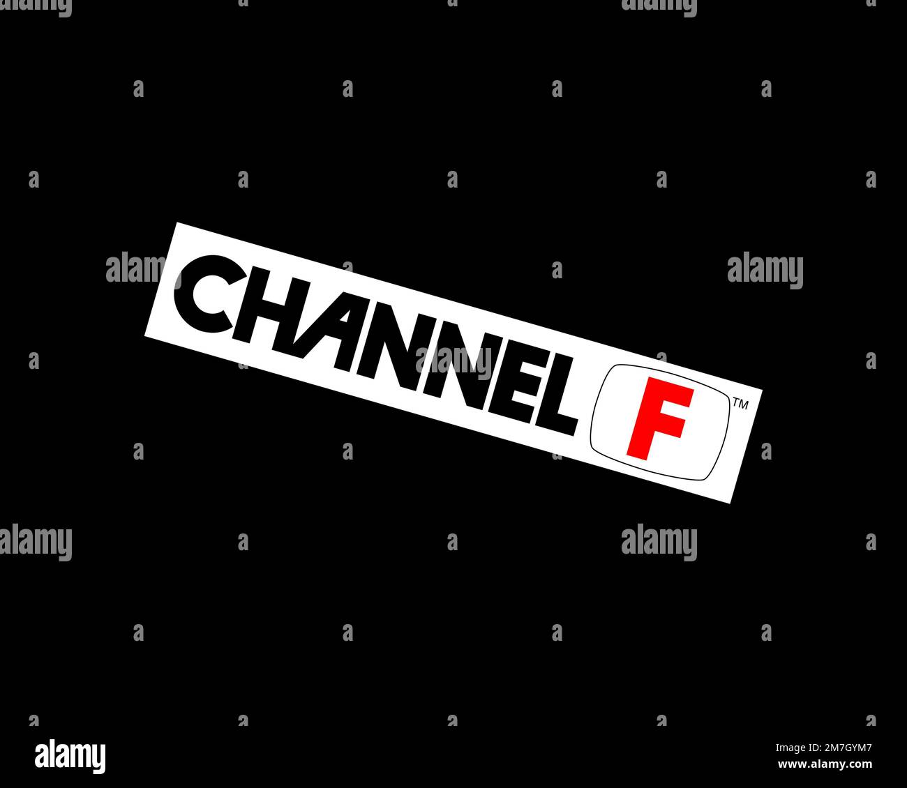 Fairchild Channel F, rotated logo, black background B Stock Photo - Alamy