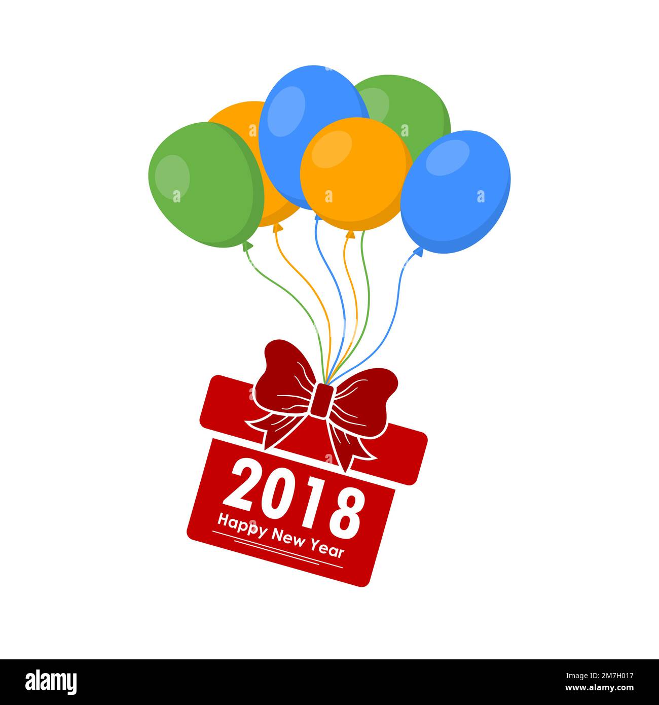 Happy New Year 2018. Greeting card with colored balloons and gift box ...