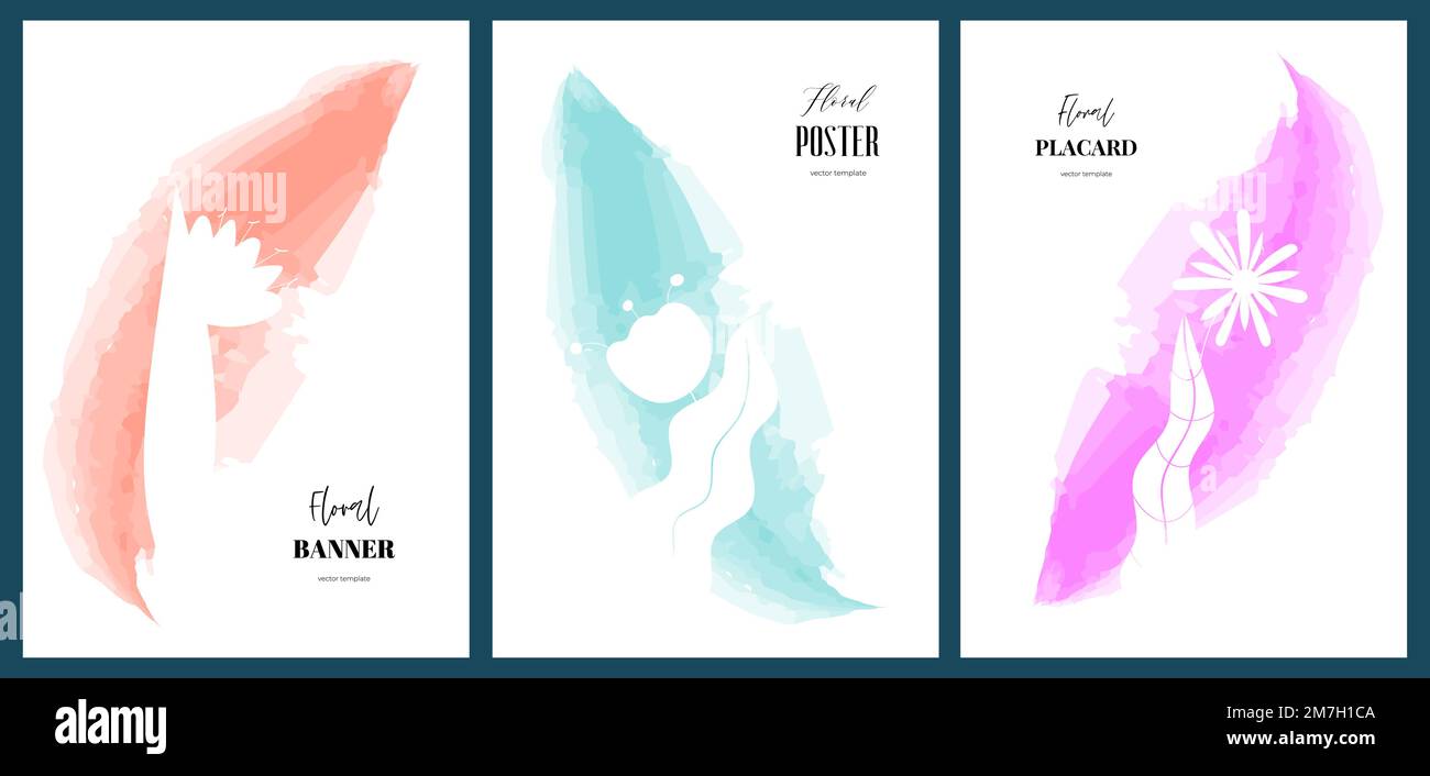 Posters with abstract watercolor drawing flowers. Floral art hand drawn ...