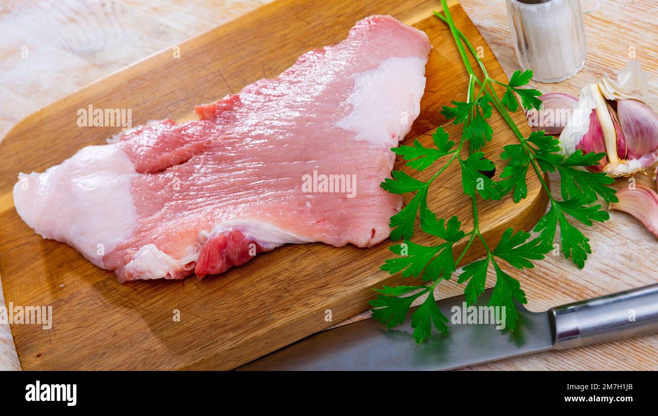 Fresh meat, raw pork Secreto steak and spices prepared for cooking ...