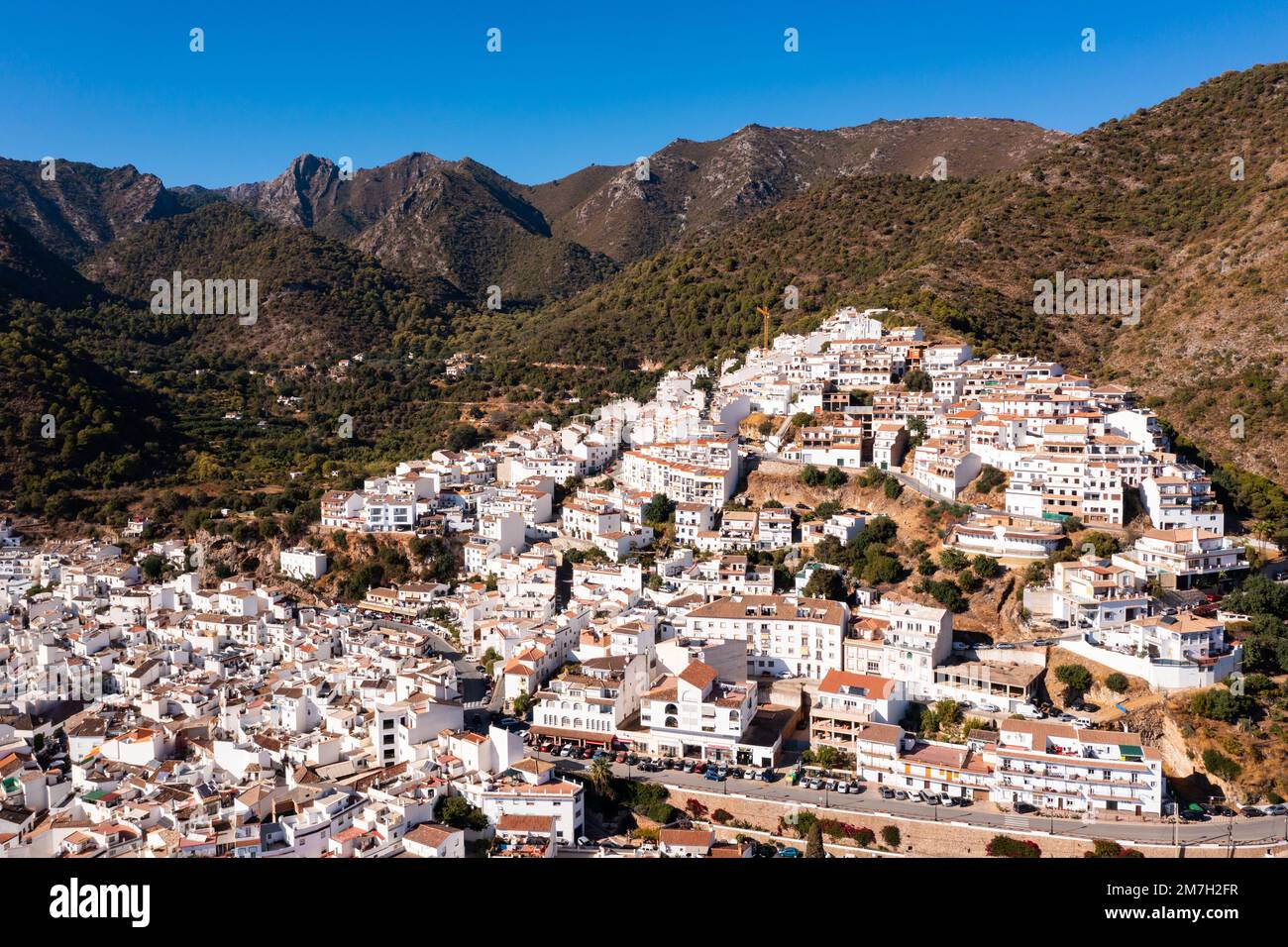 Ojen, small Spanish old town village of white Andalucian houses with ...