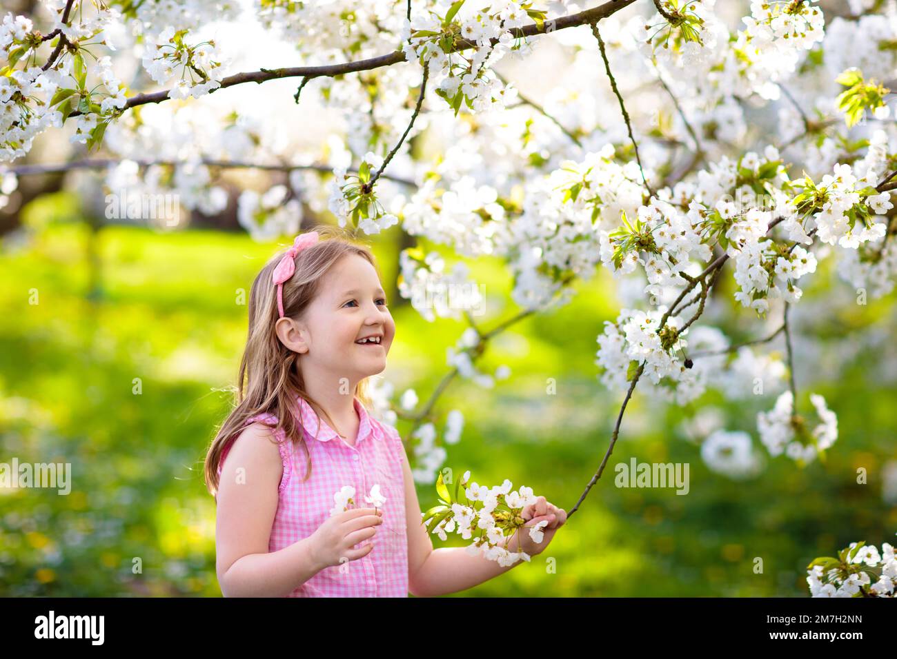 Kids play in spring park. Little girl in sunny garden with blooming ...