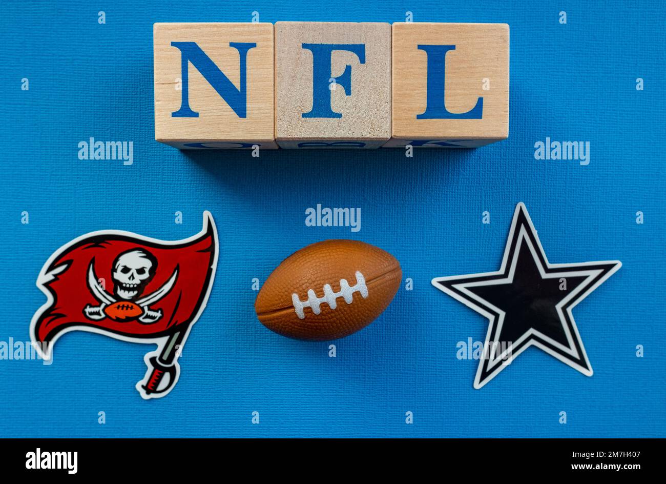 January 9, 2023, New York, USA. Emblems of football clubs participating in the NFL playoffs ...