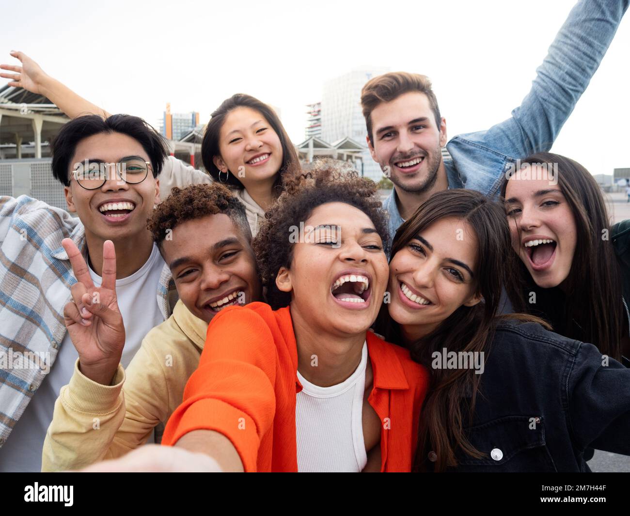 Selfie perspective of a group of diverse young friends having fun Stock ...