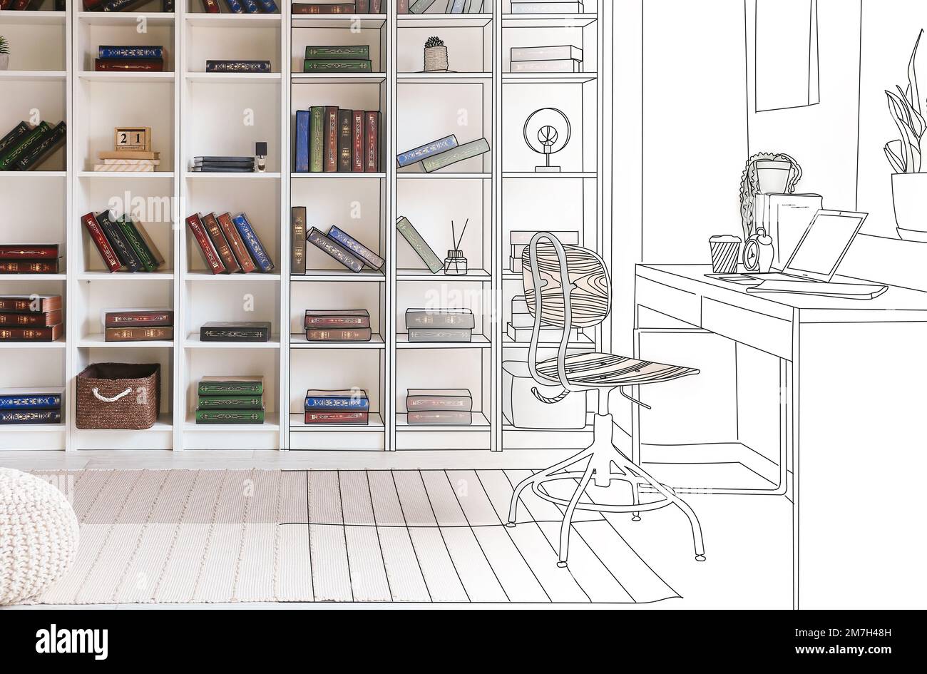 New interior of modern home library with modern workplace Stock Photo ...