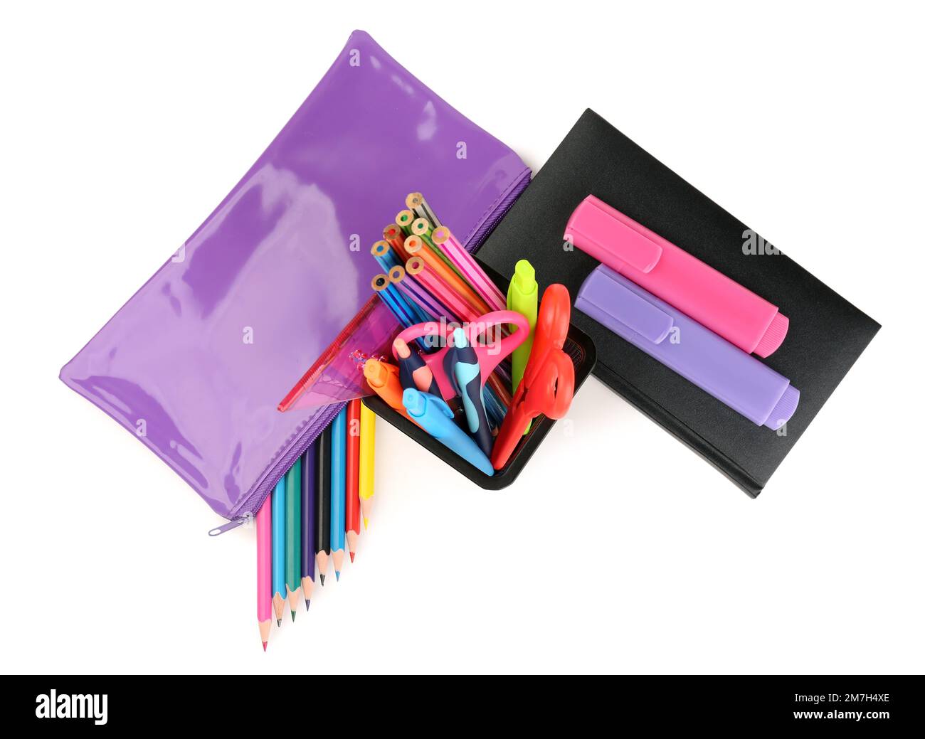 Holder with stationery, notebooks and pencil case isolated on white ...