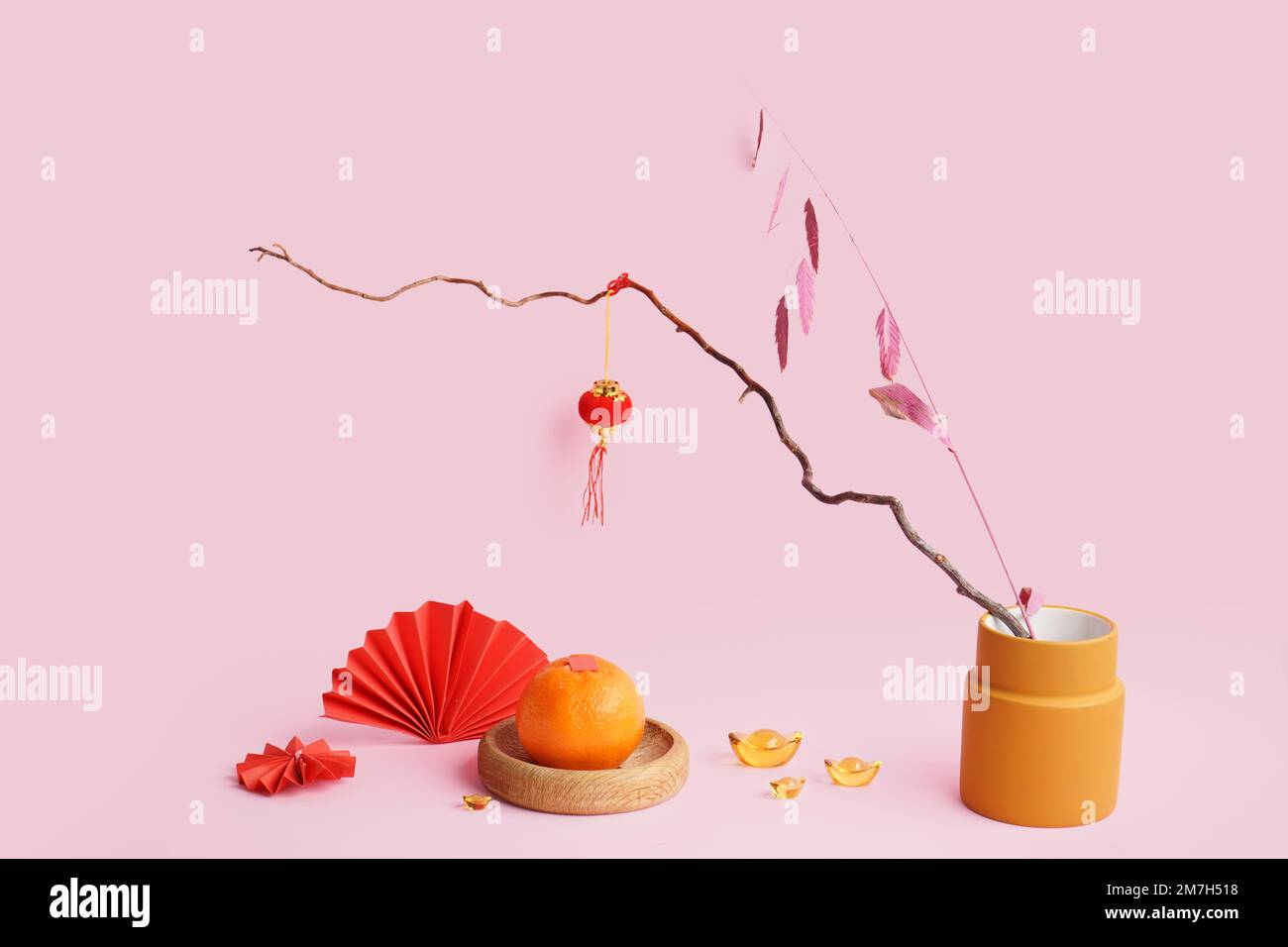 Mandarin, tree branches and Chinese symbols on pink background Stock ...
