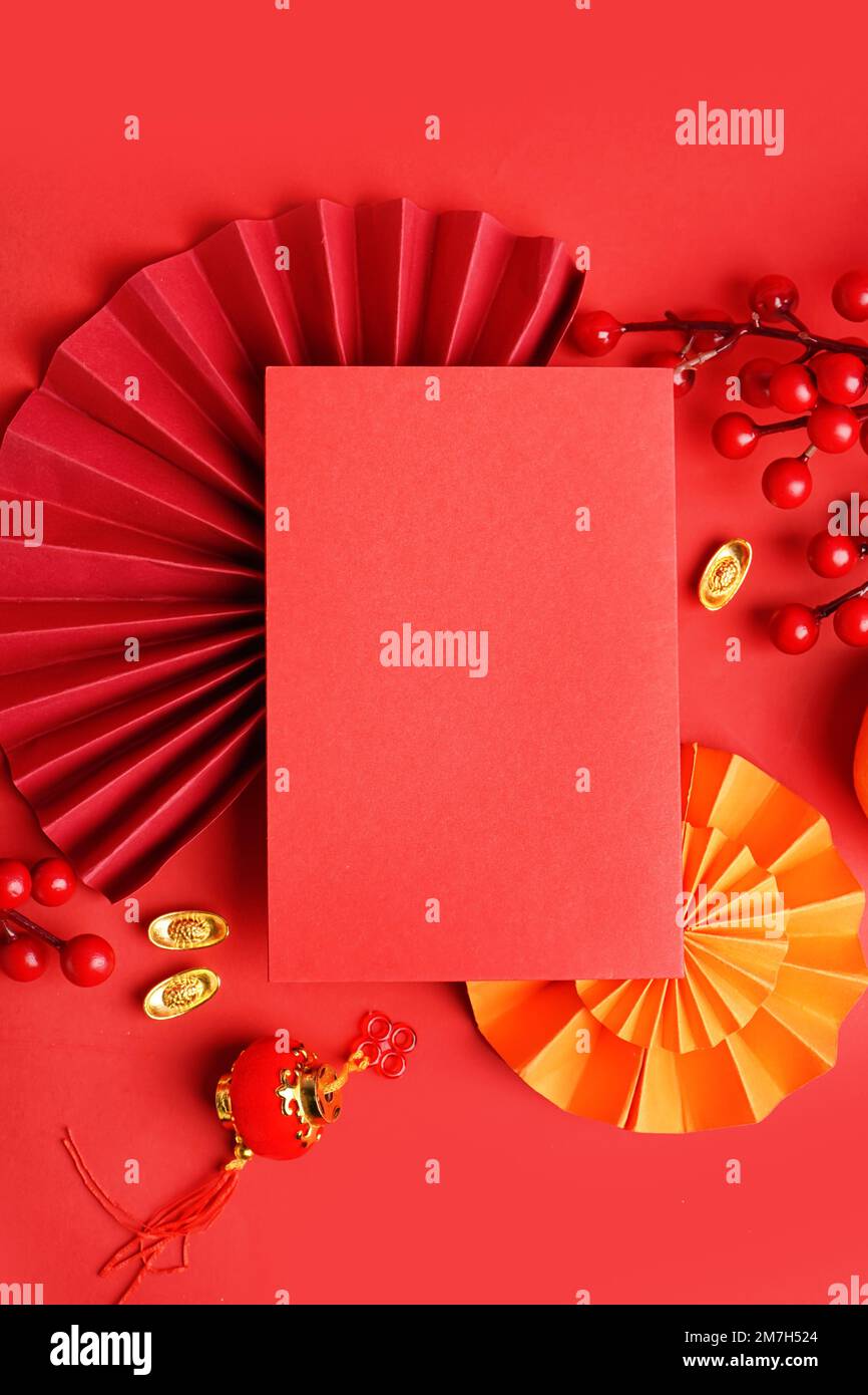 Blank card and Chinese symbols on red background Stock Photo - Alamy