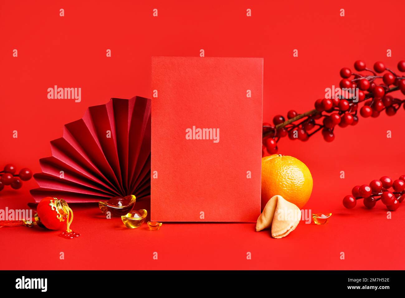 Blank card, mandarin, fortune cookie and Chinese symbols on red ...