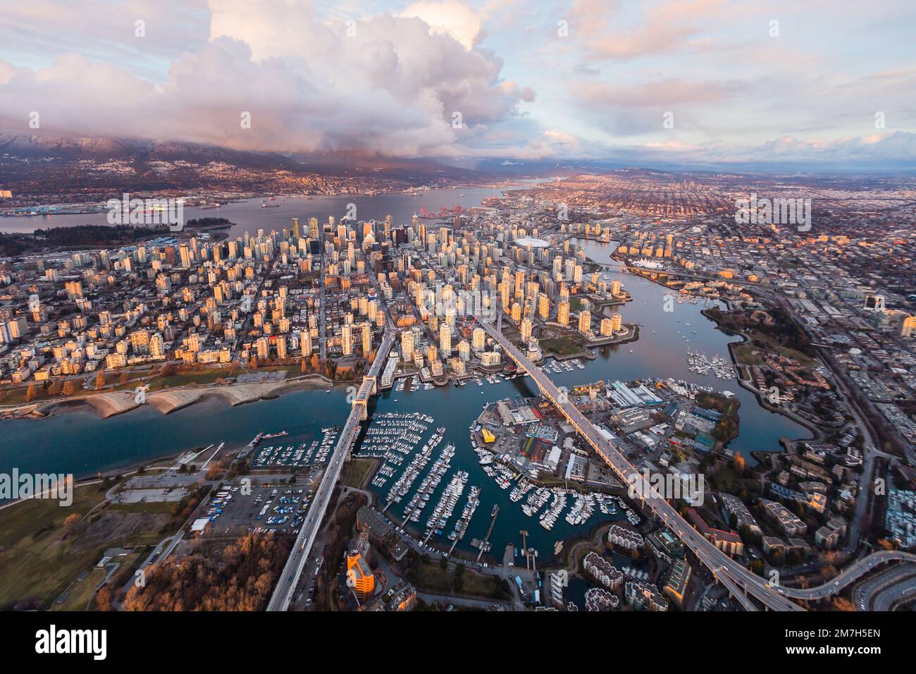 False Creek Downtown Vancouver Sunset Skyline Aerial Photo Wide Stock ...