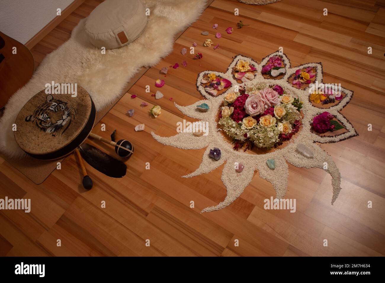 Spiritual altar, natural stones, shamanism ceremony, yoga, flower Stock ...