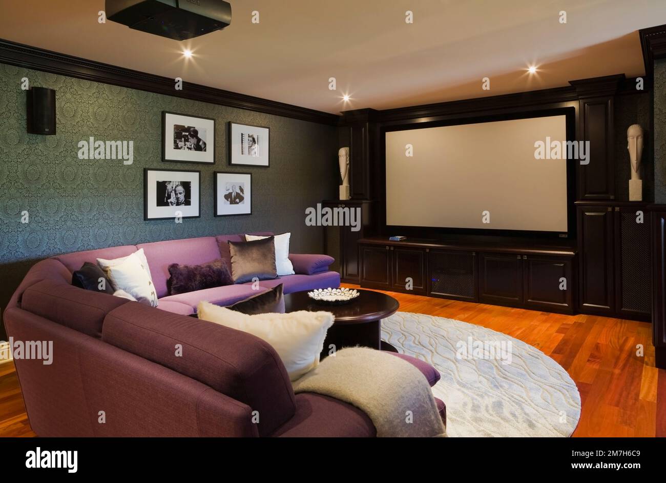Vintage photos of Hollywood movie stars in home theater room on ...