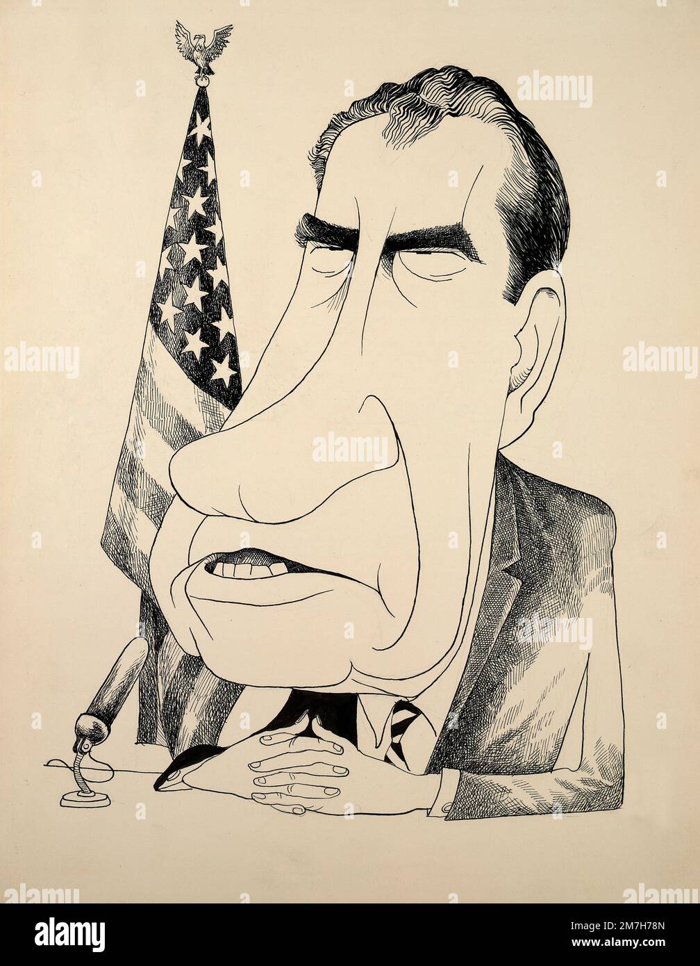 Caricature of U.S. President Richard Nixon, seated before microphone in ...