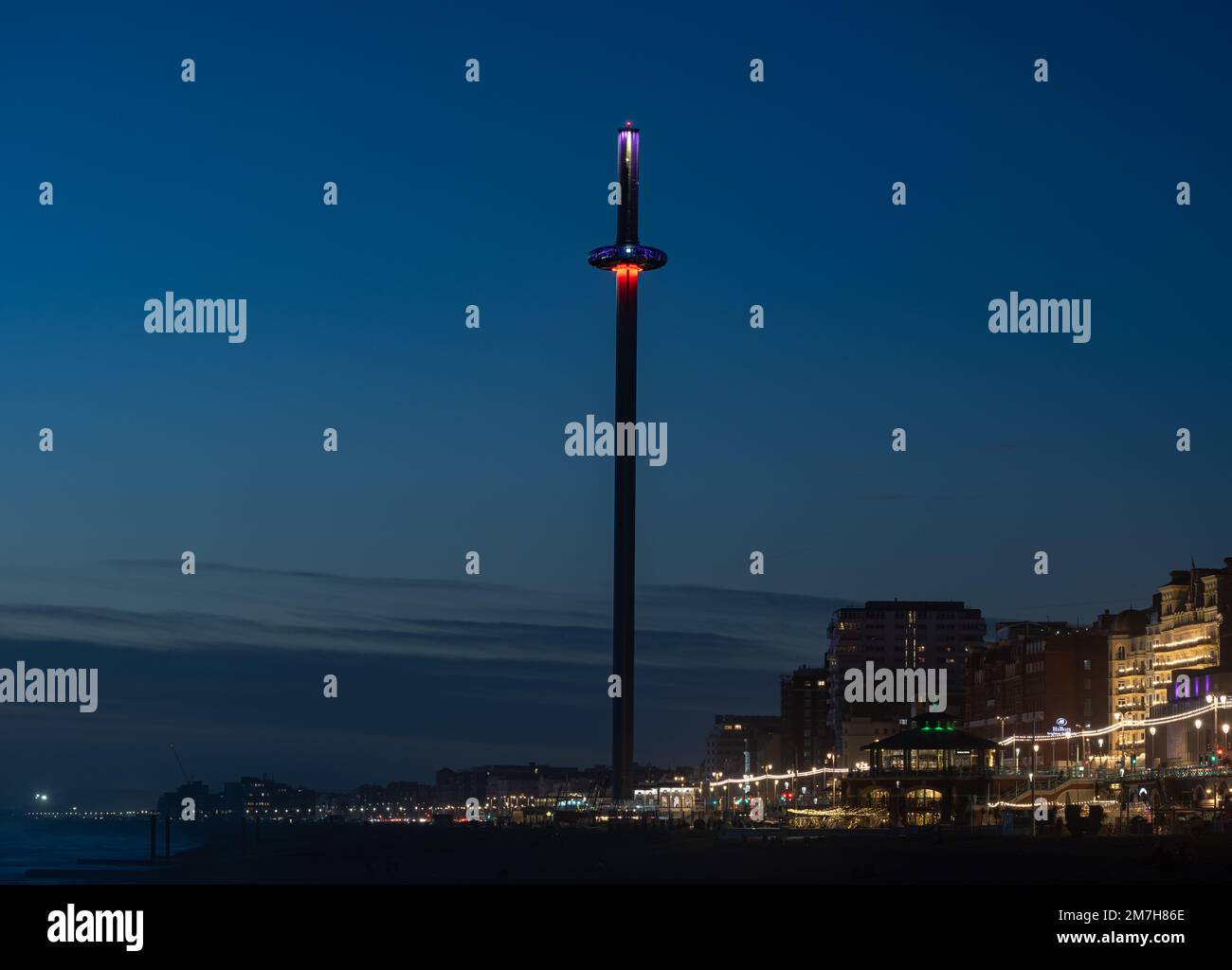 The i360 tower observation pod rising during the blue hour on the ...