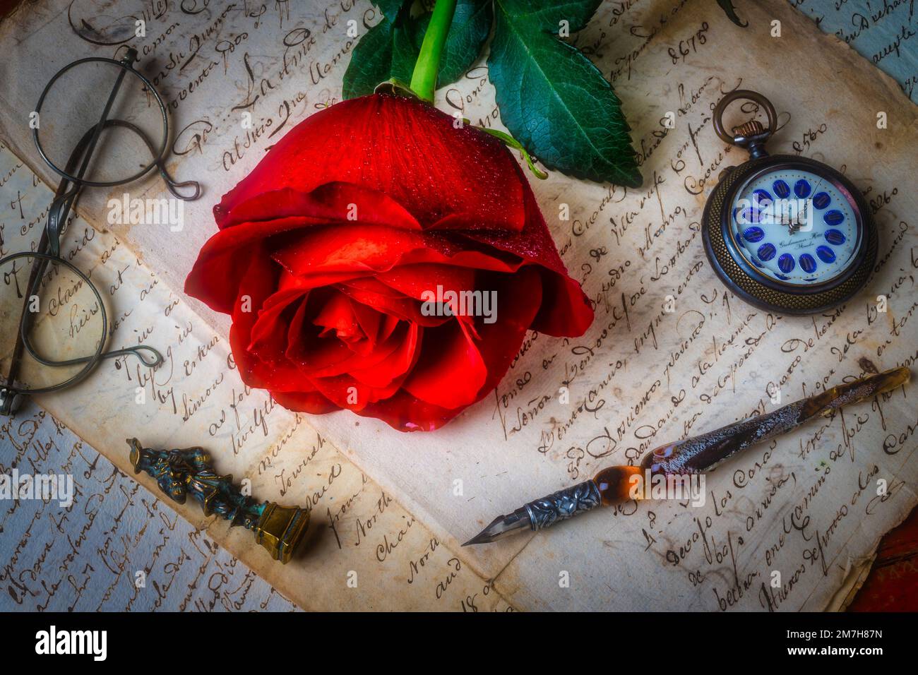 Red Rose And Old Letters Stock Photo - Alamy