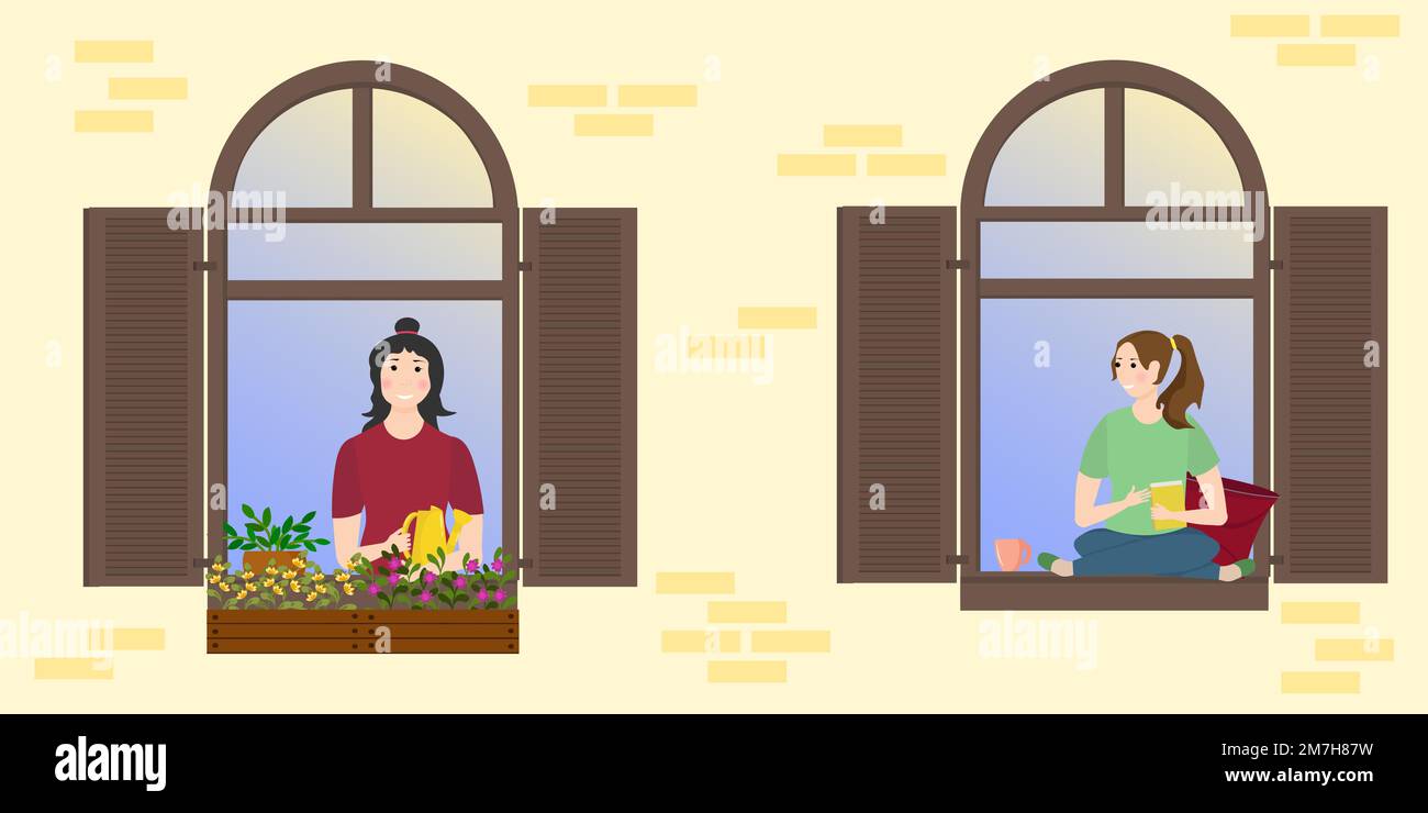 Two young girls communicate in open windows. Neighbors greet each other ...