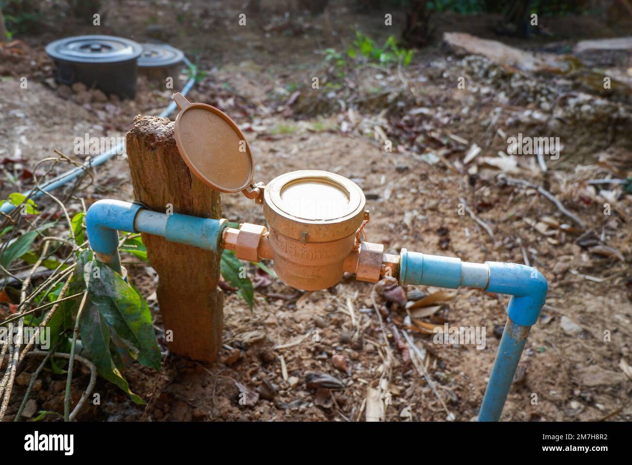 water meter on water pipe pvc on the ground, old water meter for check ...