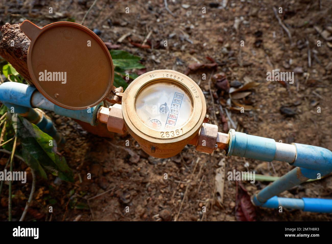 water meter on water pipe pvc on the ground, old water meter for check ...