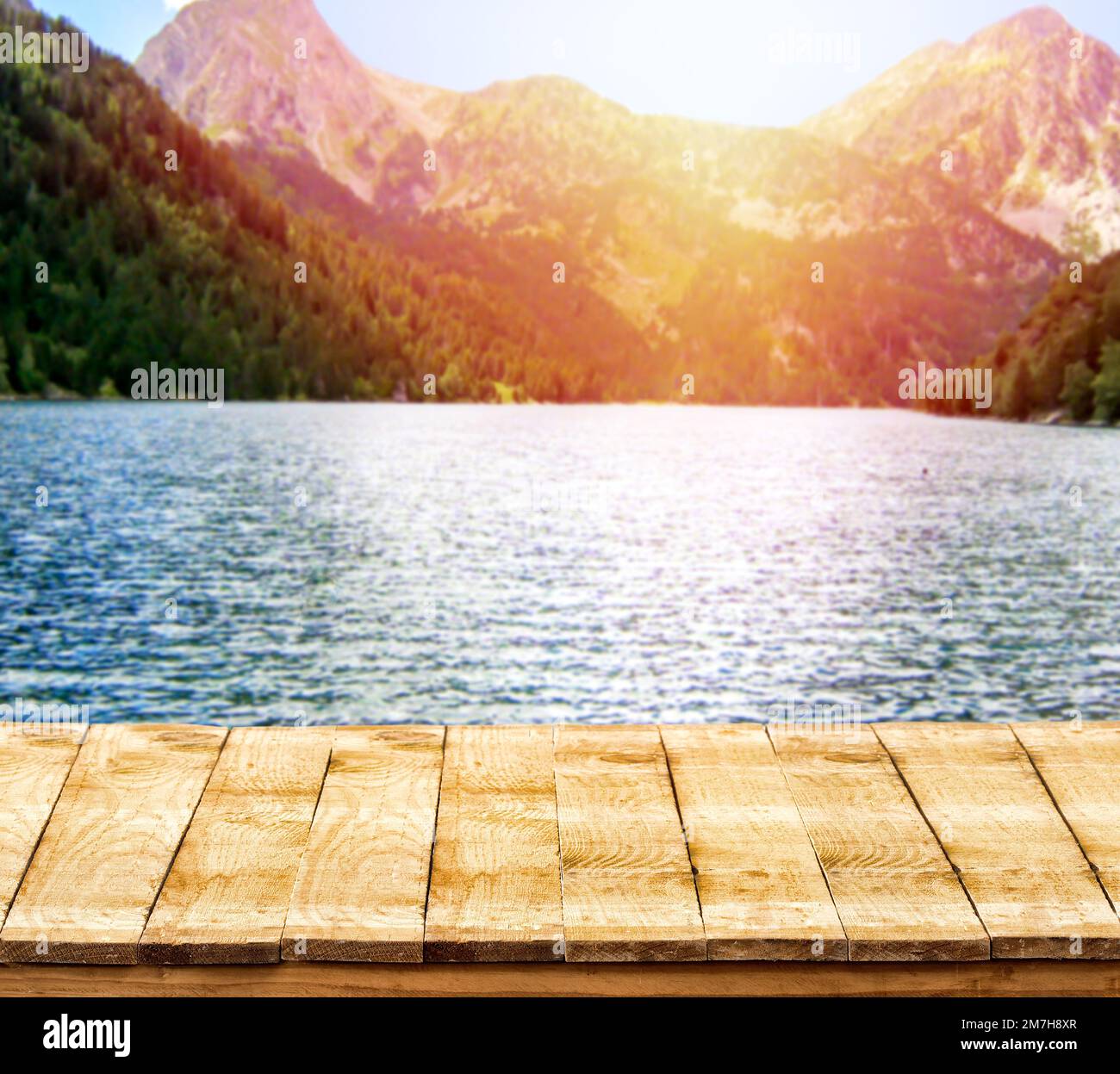 Empty wooden table and beautiful landscape on background Stock Photo ...