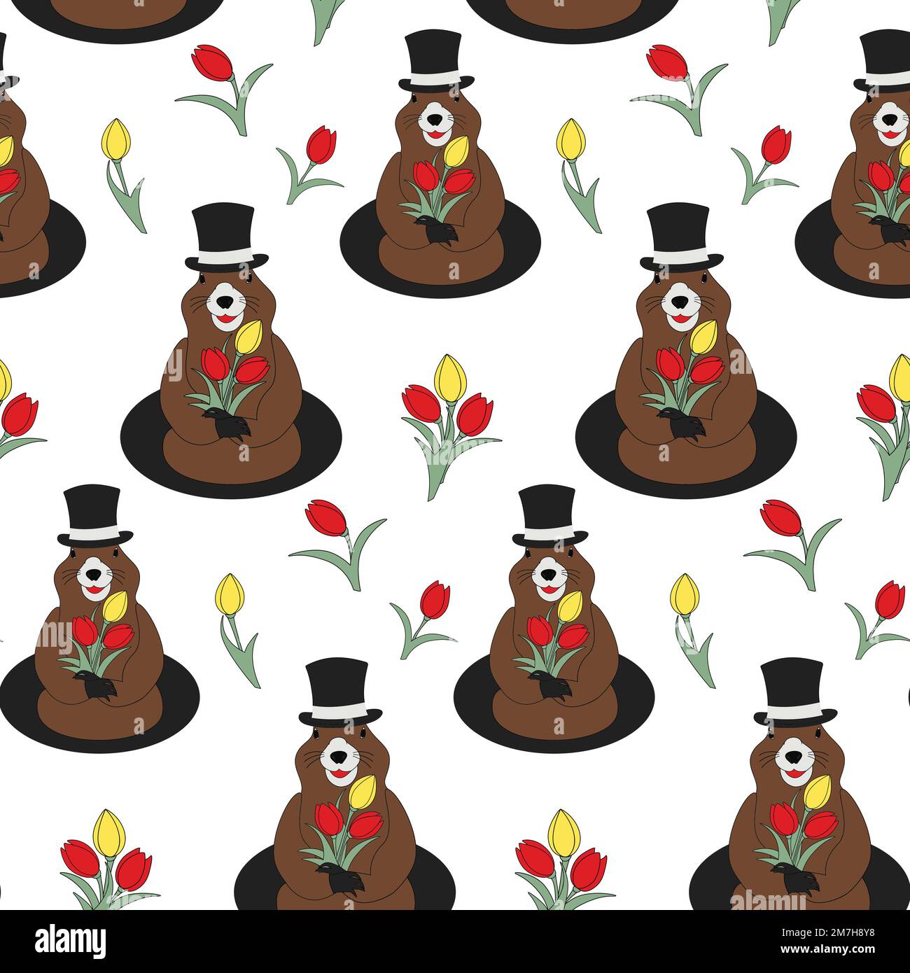 Seamless pattern of a Groundhog in a hat with a bouquet tulip in his ...