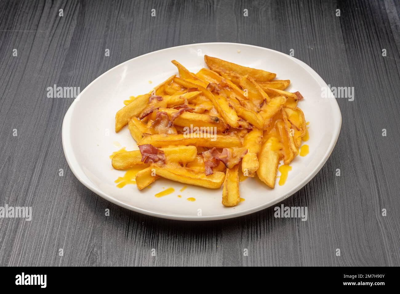 A serving of melted cheddar cheese fries with fried bacon bits. Typical ...