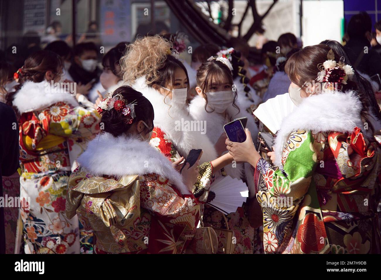 New adults celebrate Seijin no Hi (Coming of Age Day) in Shin-Yokohama on January 9, 2023 in ...