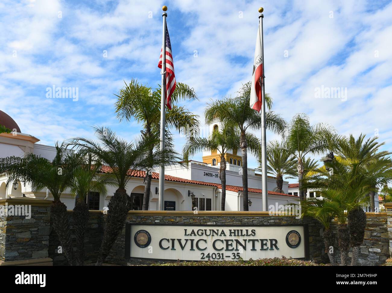 LAGUNA HILLS, CALIFORNIA - 8 JAN 2023: Sign at the Laguna Hills Civic ...