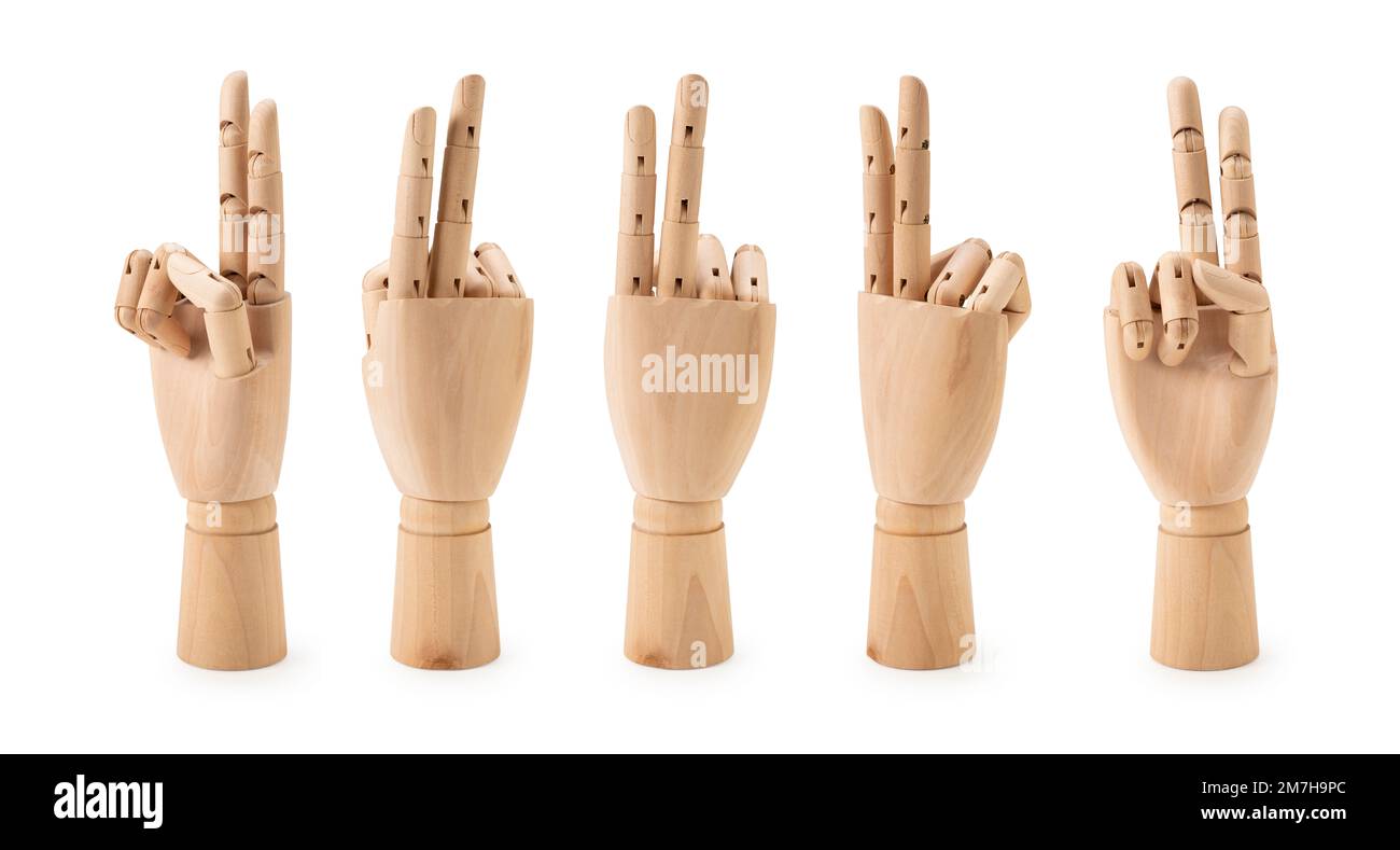 Hands of wooden mannequin making peace sign on white background ...
