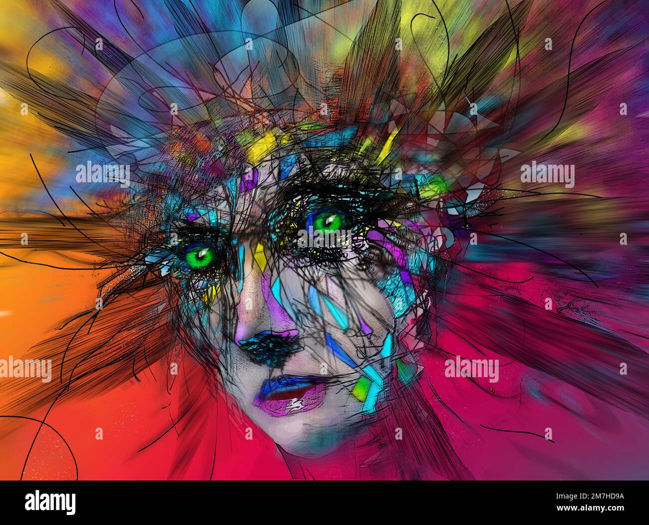 An insane witch with green eyes is seen in this 3-d illustration about ...