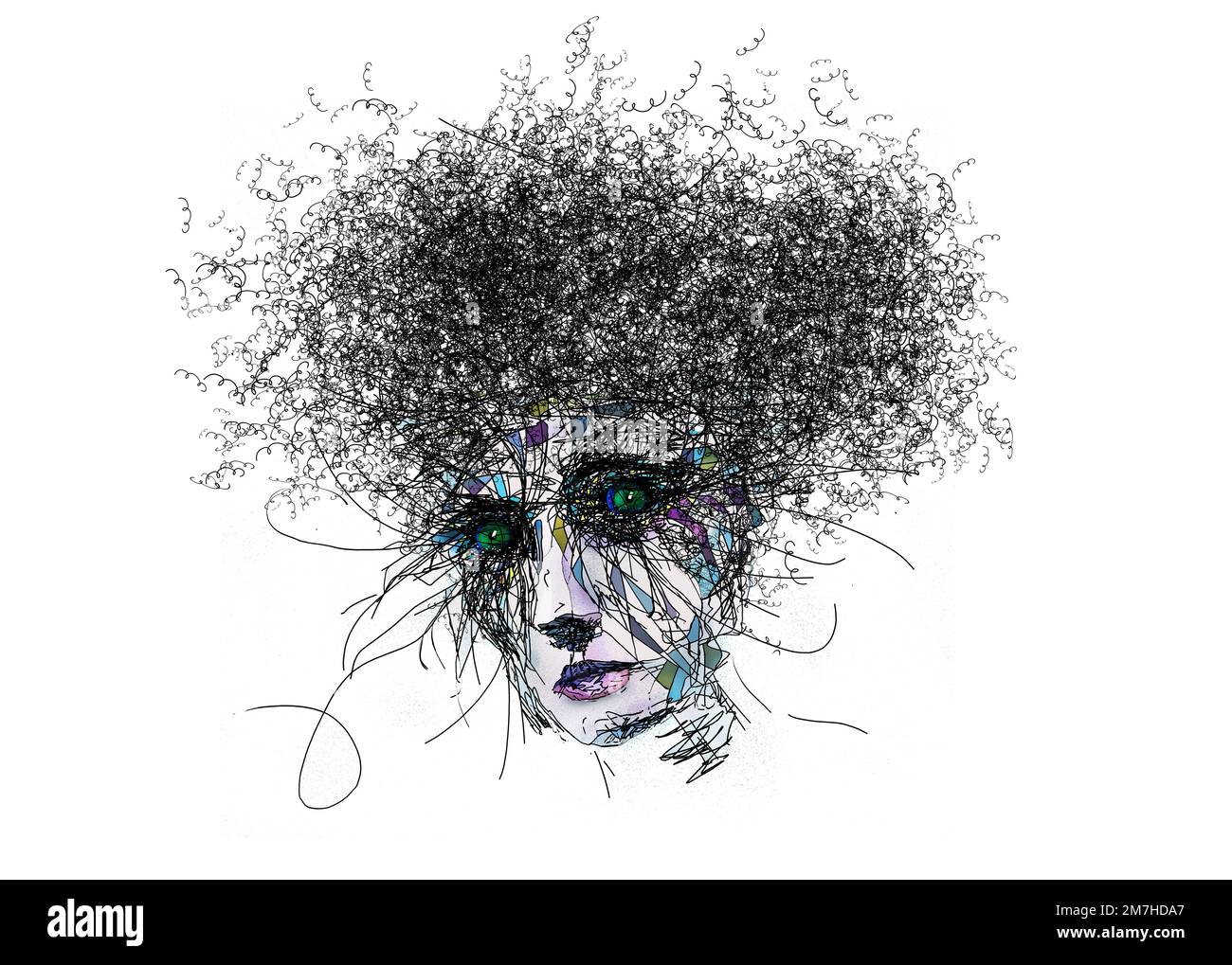 An insane witch with green eyes is seen in this horror 3-d illustration ...