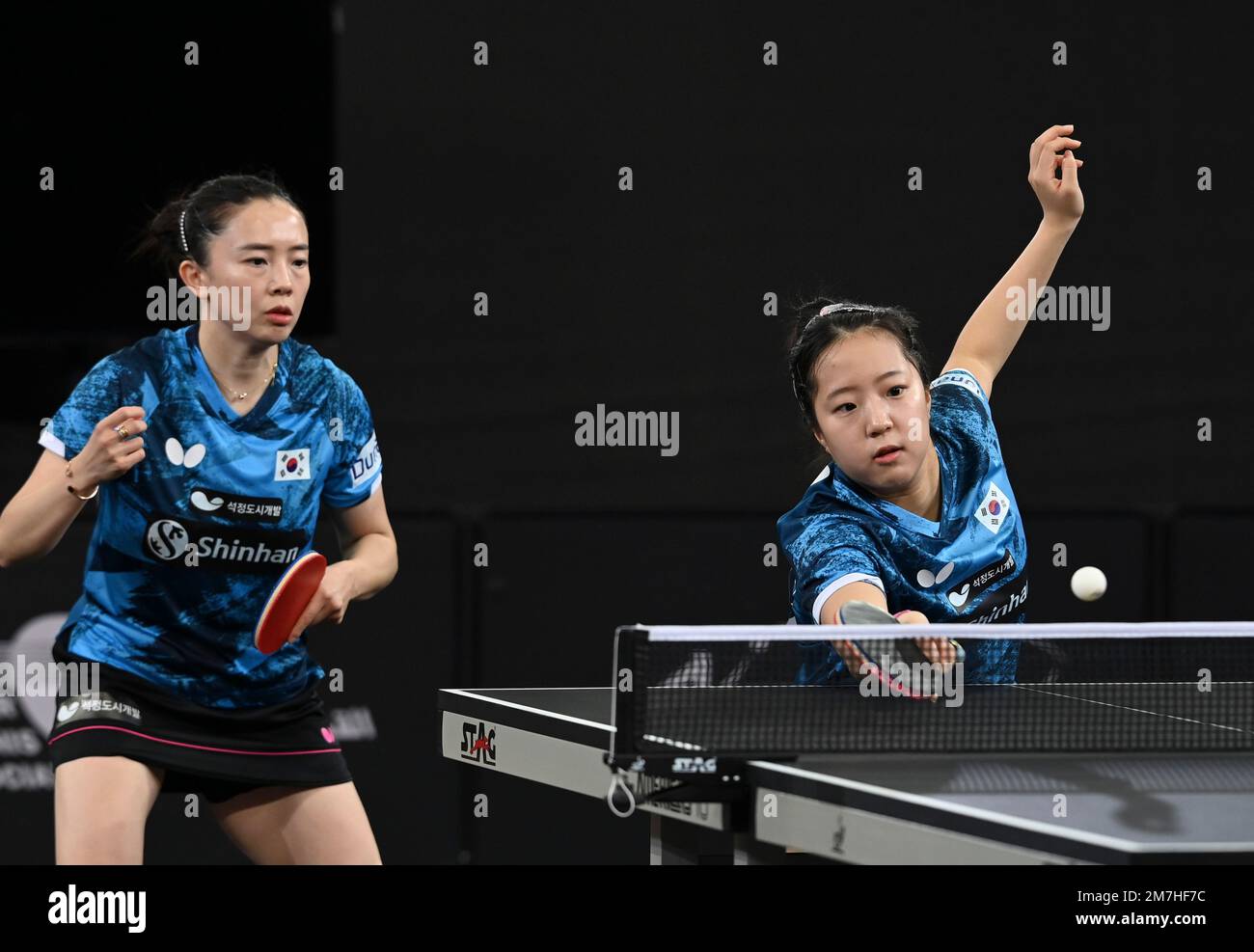 Doha, Qatar. 9th Jan, 2023. Jeon Jihee (L)/Shin Yubin of South Korea ...