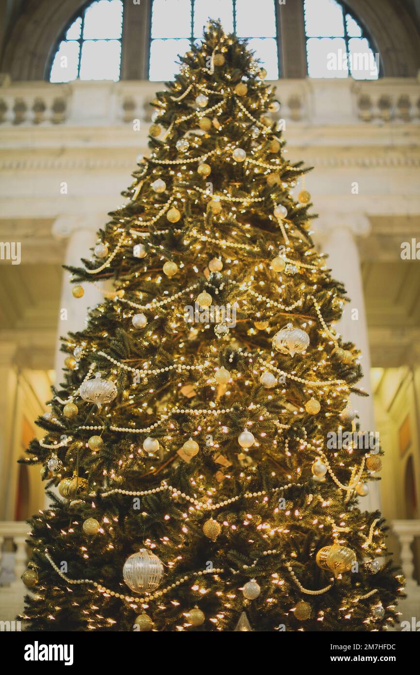 Christmas tree decoration presents Christmas lights warm colors Stock ...