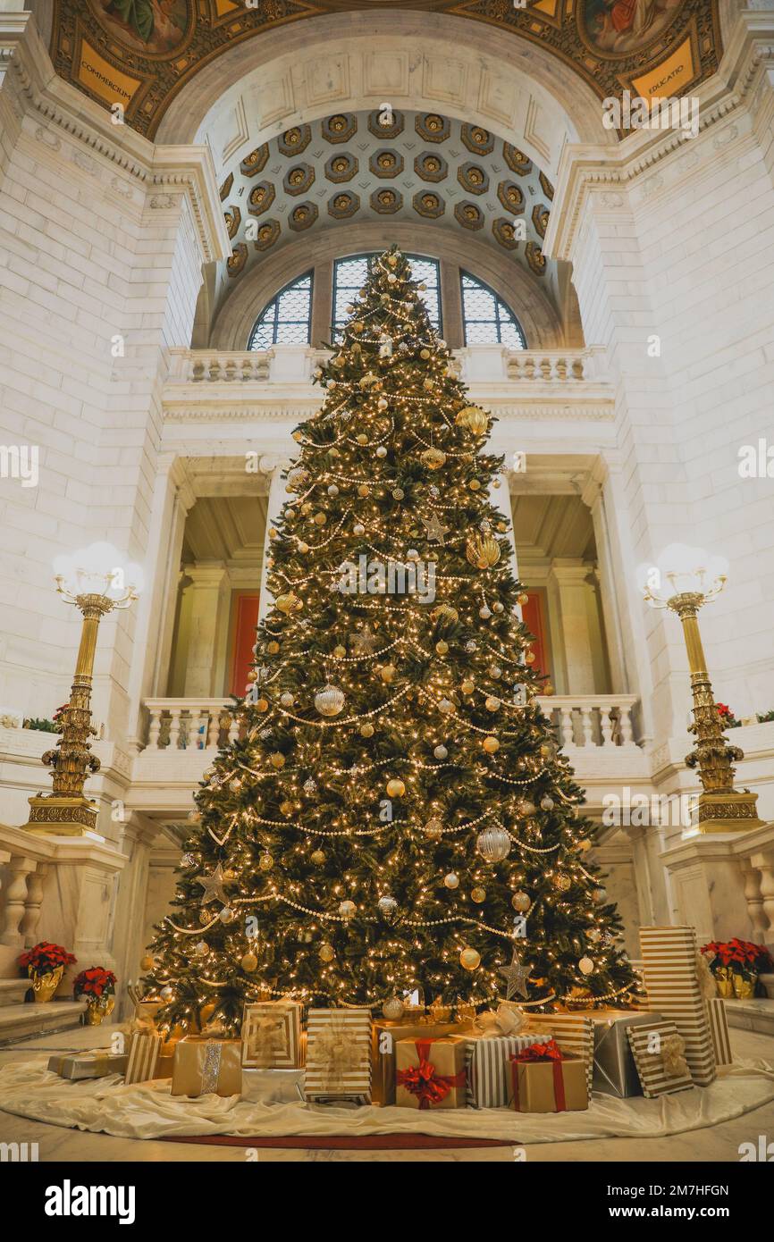 Christmas tree decoration presents Christmas lights warm colors Stock ...