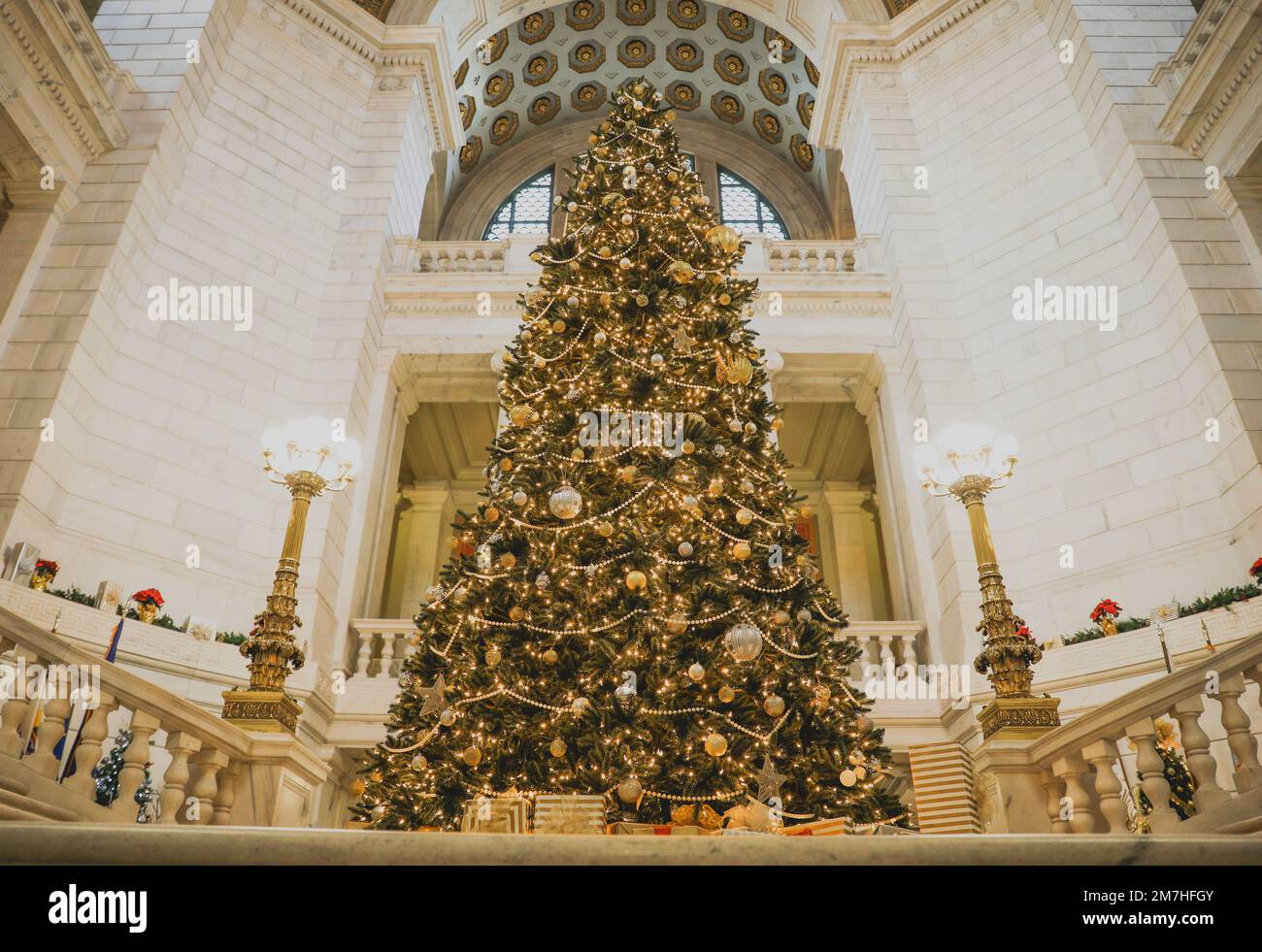 Christmas tree decoration presents Christmas lights warm colors Stock ...