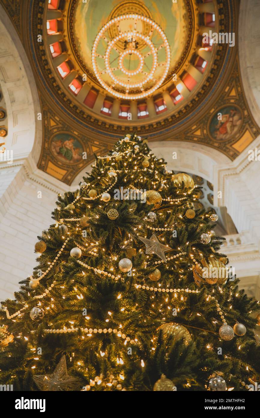 Christmas tree decoration presents Christmas lights warm colors Stock ...