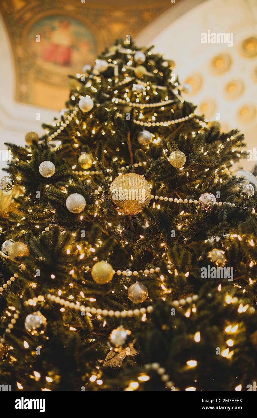 Christmas tree decoration presents Christmas lights warm colors Stock ...