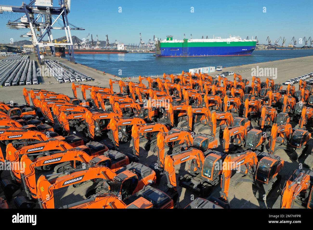 YANTAI, CHINA - JANUARY 9, 2023 - A ro-ro ship loaded with export goods ...