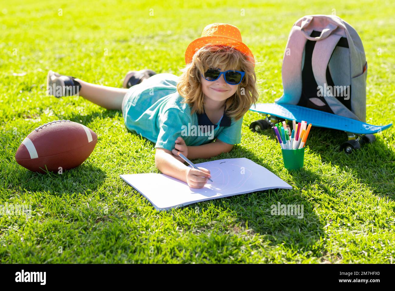 Child painter draw on playground. Child artist paints creativity ...