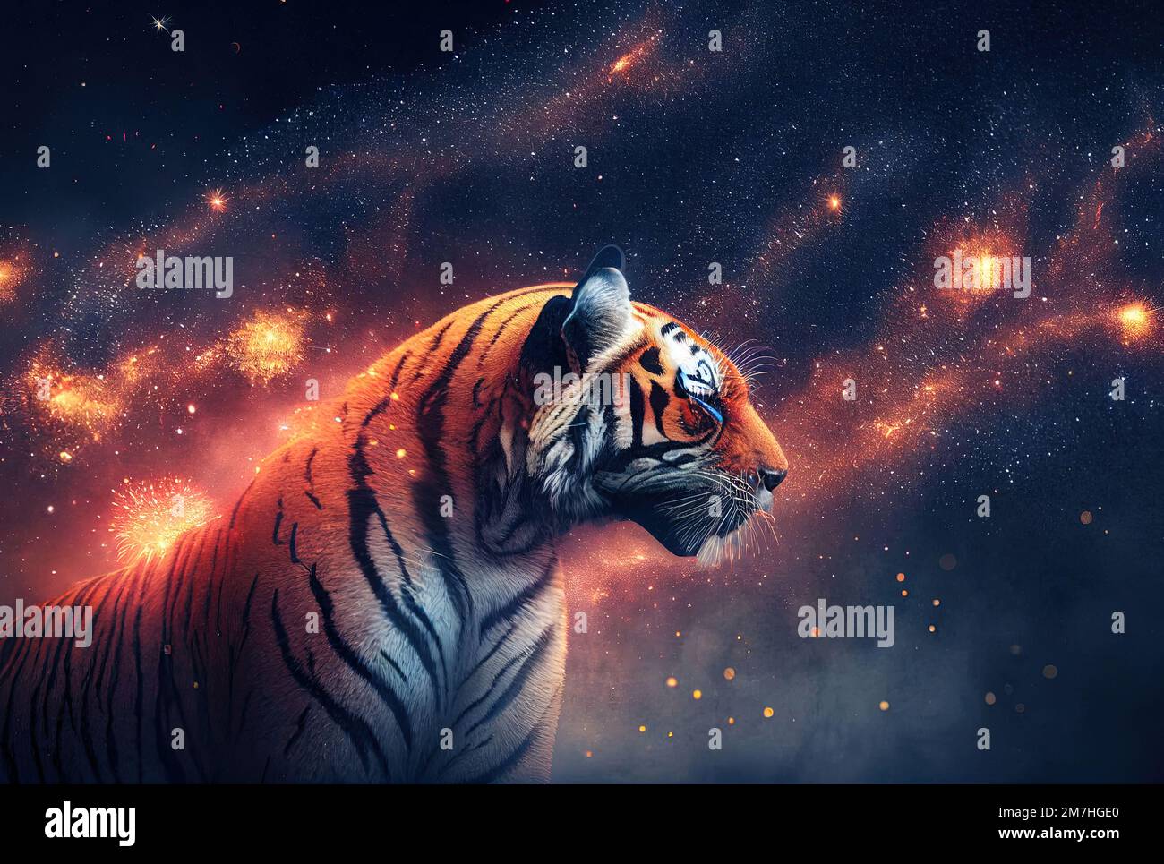 Tiger against the background of fireworks and paper lanterns as a ...