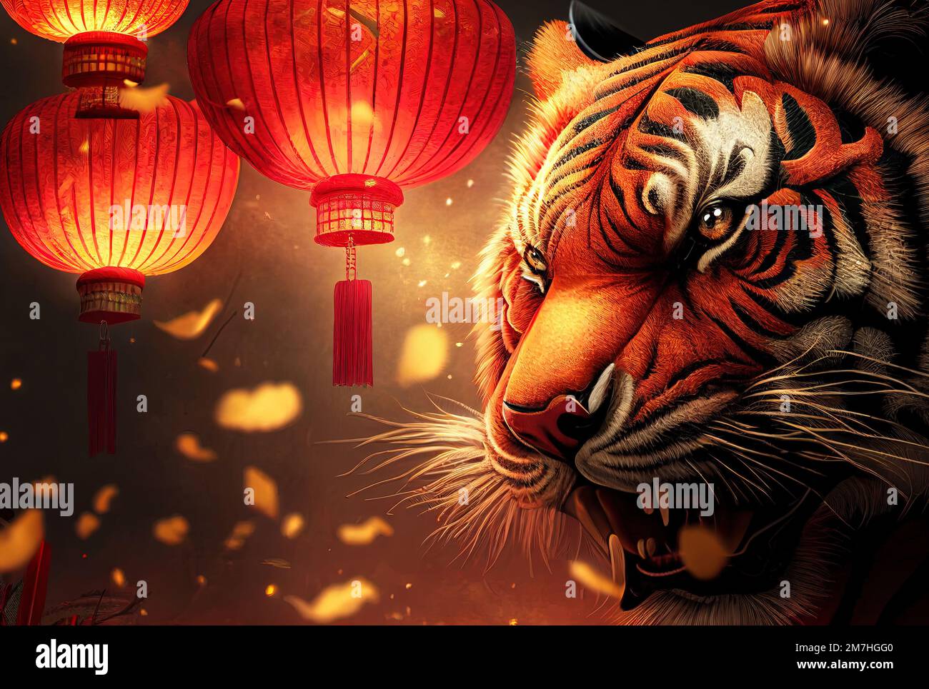 Tiger against the background of fireworks and paper lanterns as a ...
