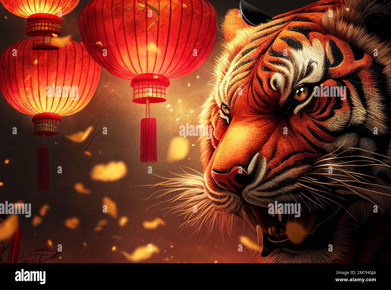 Tiger against the background of fireworks and paper lanterns as a ...